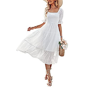 MEROKEETY Women's White Dress Summer Square Neck Puff Sleeve Boho Midi Dress Swiss Dot Ruffle Flowy Tie Back Dress, White, S