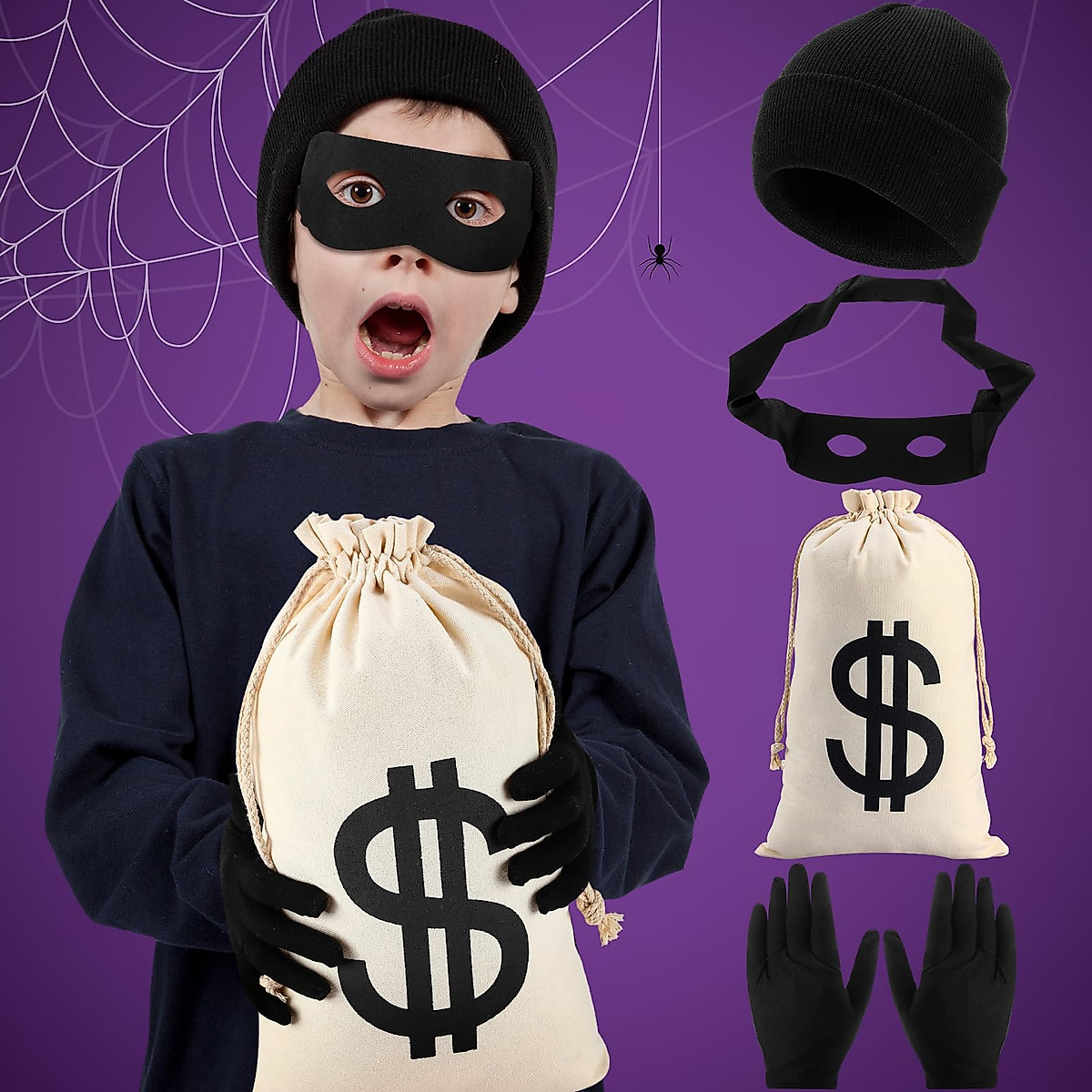 Ramede 32 Pcs Halloween Costume Set, Include Dollar Sign Canvas Bags, Robber Mask, Knit Beanie, Black Robber Gloves for Halloween Outfit Cosplay Bandit Burglar Theme Party Supplies