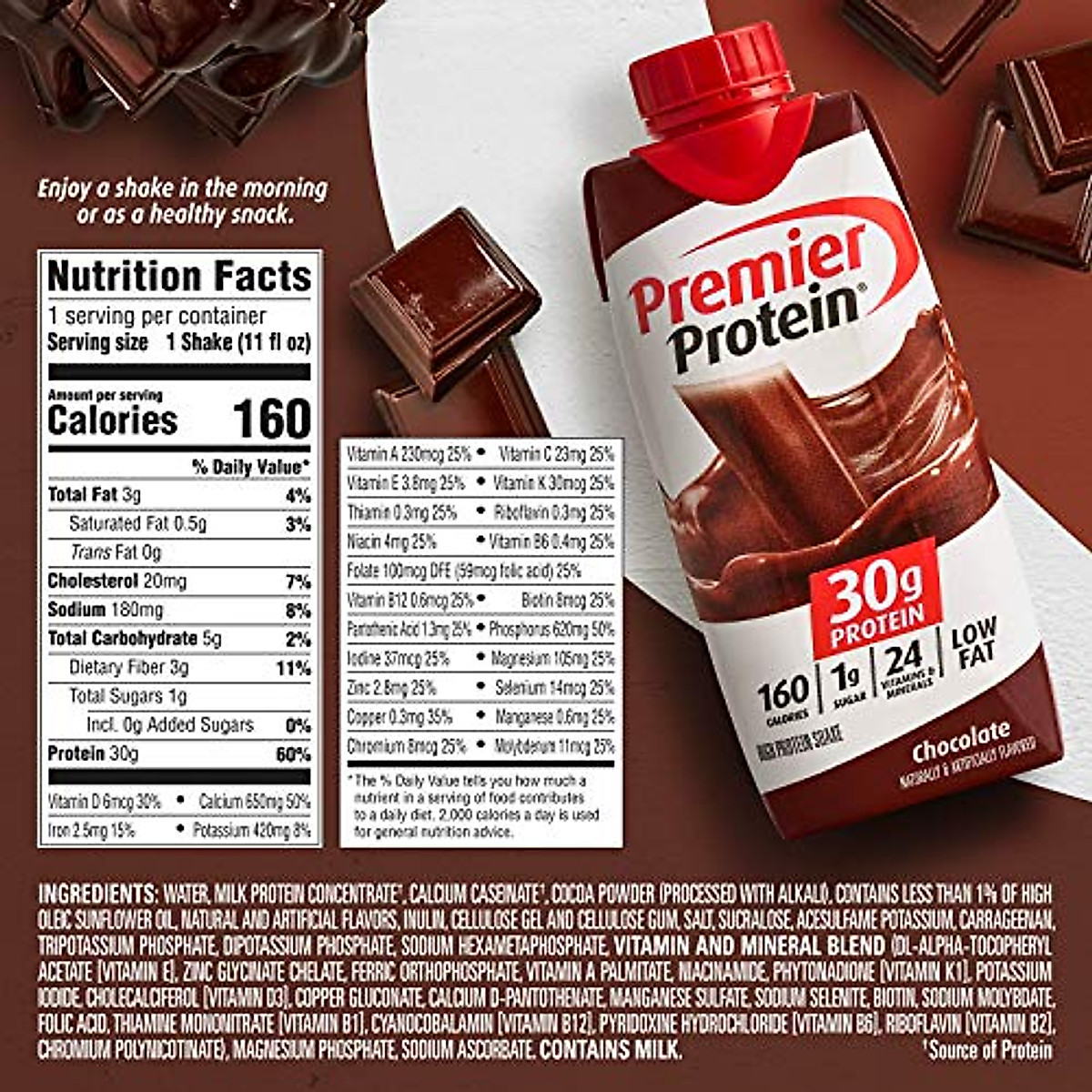 Premier Protein Shake, Chocolate, 30g Protein, 1g Sugar, 24 Vitamins & Minerals, Nutrients to Support Immune Health, 4 Count, 44 Fl Oz