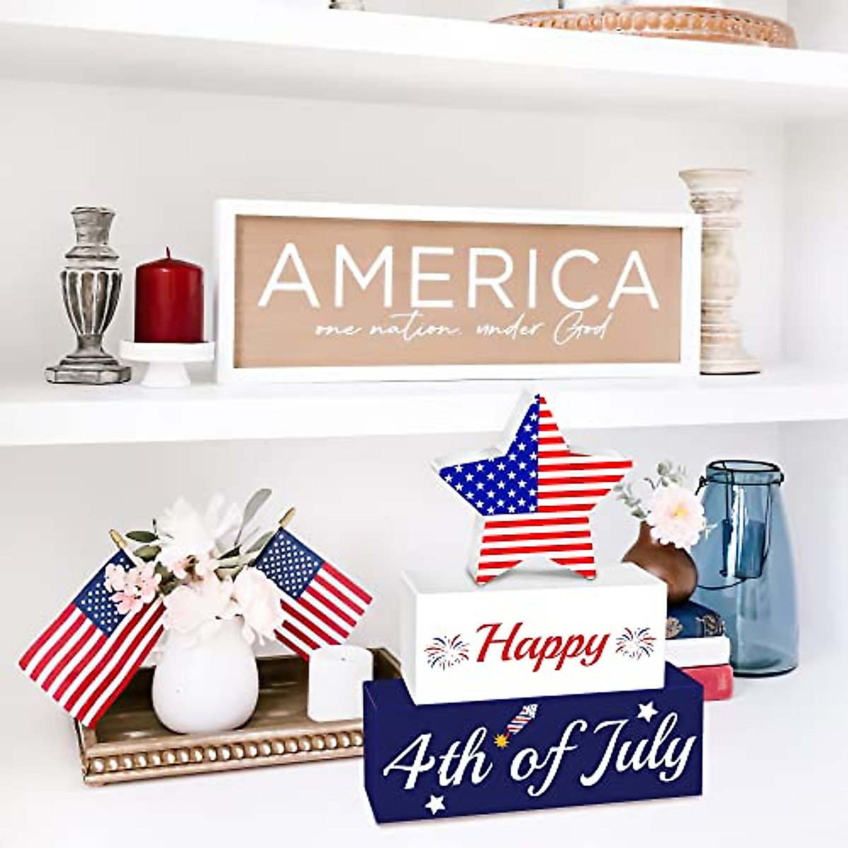4th of July Patriotic Decorations, 3Pcs Wooden Signs, Fourth of July Red White and Blue Decorations, Memorial Day Independence Day July 4th Decor for Home Tiered Tray Decor
