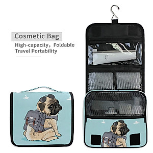 ALAZA Pug Dog Blue Travel Toiletry Bag Hanging Multifunction Cosmetic Case Portable Makeup Pouch Organizer with Hook