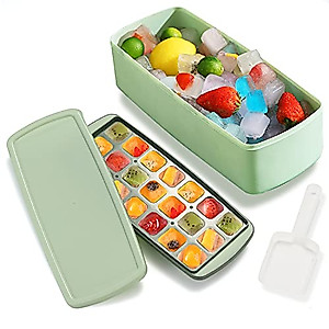 HOMQUEN Ice Cube Trays for Freezer, Easy Release Silicone 21-Grain Ice Trays with Lid, Storage Container, Scoop, Square Ice Ball Maker Mold, Ice Cube Mold for Chilling Whiskey Tea Coffee (Green)