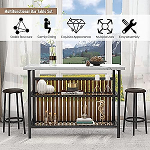 AWQM 3 Piece Bar Table Set,Kitchen Island Table with Storage and Seating Counter Bar Table Table and Chairs Set with Shelves,Faux Marble Dining Table Set for 2,Kitchen Table Set for Small Space,White