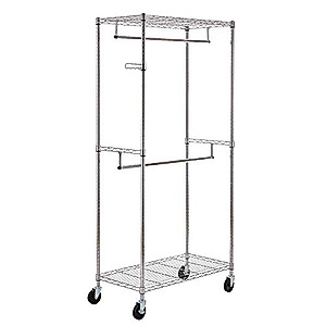COOBL 2-Tier Heavy Duty Rolling Garment Rack,Wire Shelving Clothes Rack for Clothing,Storage with Double Rods,Lockable Wheels (Silver)