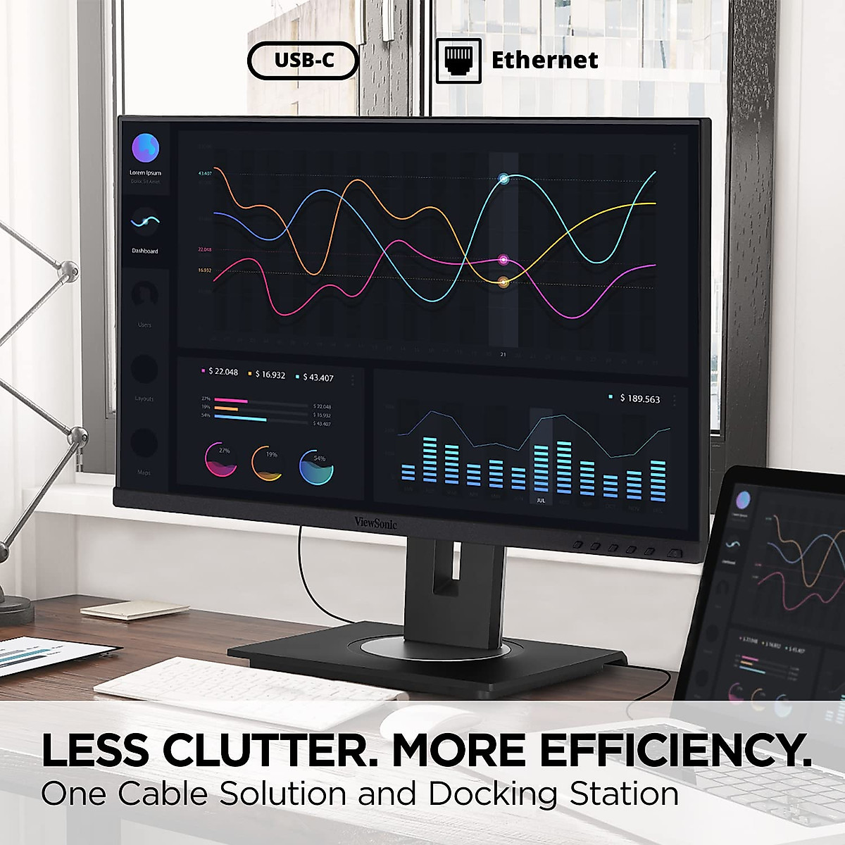 ViewSonic VG2456 24 Inch 1080p Monitor with USB C 3.2, Docking Built-In Gigabit Ethernet and 40 Degree Tilt Ergonomics for Home and Office