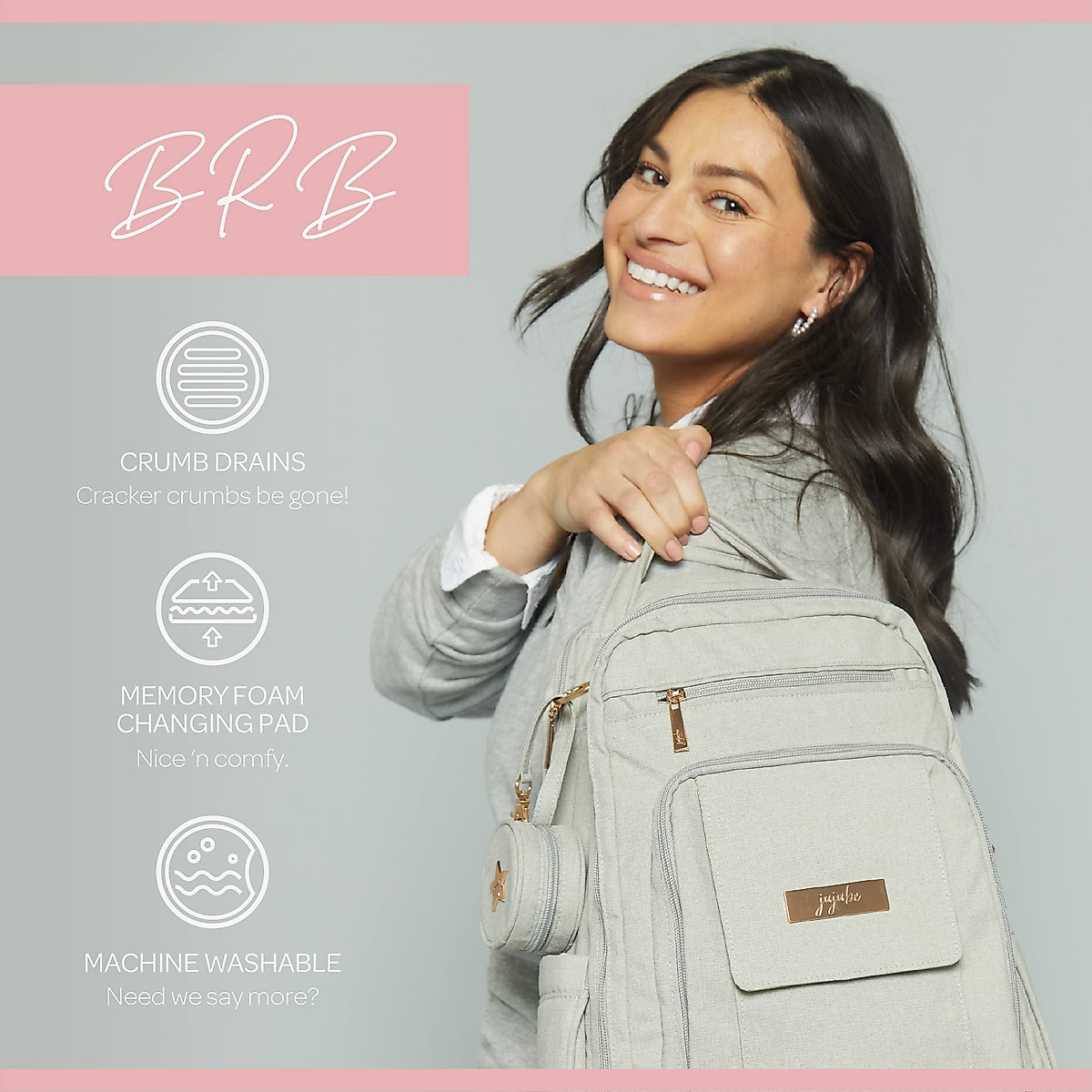 JuJuBe Diaper Bag, Travel Backpack with Portable Changing Pad, Stroller Hooks, Pockets for Baby Bottles, Diapers, Pacifier, Wipes, Snacks, Essentials, Mommy Carrier, Be Right Back - Dotted Diamond