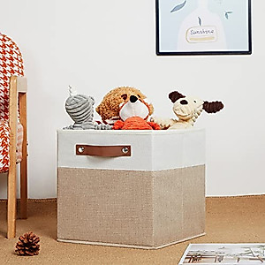 DULLEMELO 11 inch Cube Storage Bins,Fabric Storage Cubes for Organizing,Collapsible Foldable Linen Canvas Closet Storage Bins for Shelves Closet Bedroom Toys Home Office(White&Khaki)