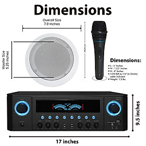 Technical Pro 1000 Watts Professional Home Theater Receiver System Kit w Portable Microphone with Digital Processing and Remote 6 Qty of 5.25” Ceiling Wall Mount Framed Speakers