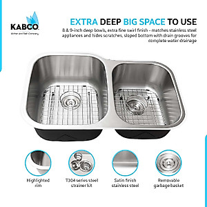 KABCO 32 Inch Double Unequal Bowl Classic Kitchen Sink with Sink Strainers, Sink Grids, Rolling Up Grid and a Removable Garbage Basket 16 Gauge Undermount Rust, Sound and Heatproof