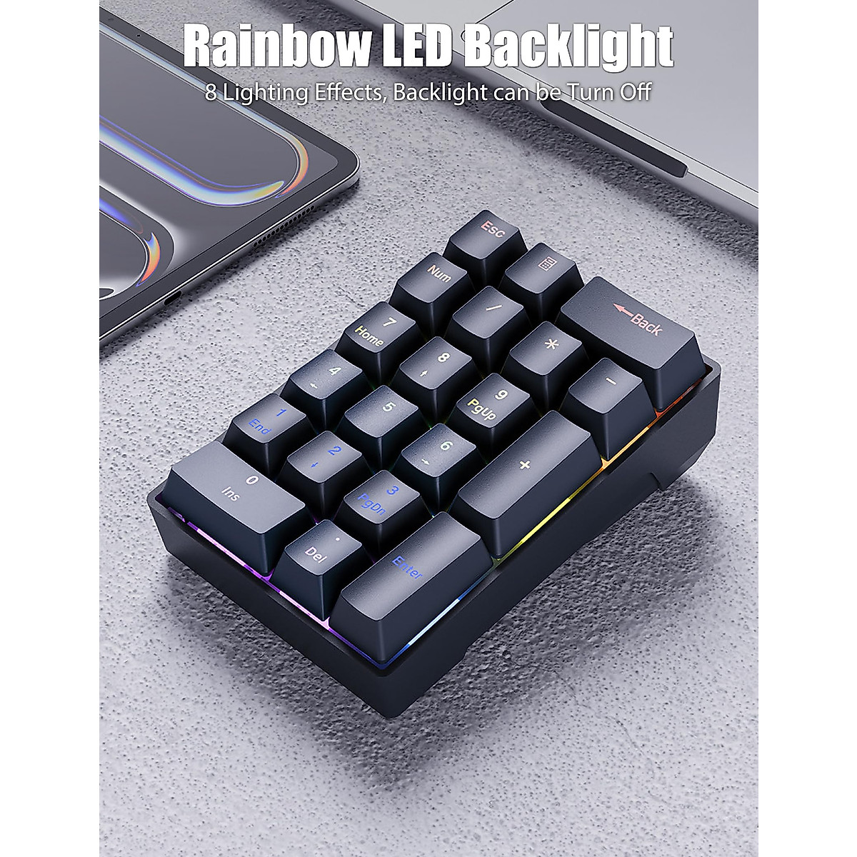TISHLED Wired Mechanical Numpad Rainbow LED Backlit 20-Key Number Pad Brown Switches Shine Through Keycaps Detachable Cable Numeric Keyboard for PC/Laptop/Win/Mac, Black