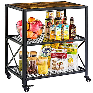 Tajsoon Serving Cart, 3-Tier Rolling Bar Cart on Wheels with Mesh Storage Shelves, Coffee Cart with Wheels, Kitchen Cart with Steel Frame, Rolling Serving Cart for Home, Living Room, Rustic Brown