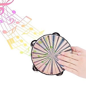 Daerzy 6 Inch Wooden Radiant Tambourine Handbell Hand Drum with Single Row Jingles Reflective Drum Head Percussion Instrument Musical Toy for Adults Kids Dancing Singing Party, Black