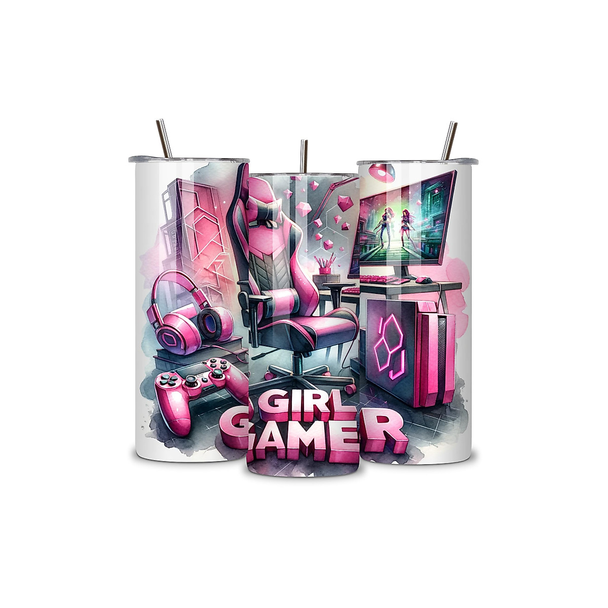 Girl Gamer 20oz Skinny Tumbler with Metal Straw – Pink Gaming Setup Design with Controller and Headset – Double-Walled Insulated Stainless Steel Tumbler for Hot & Cold Drinks (Darker)