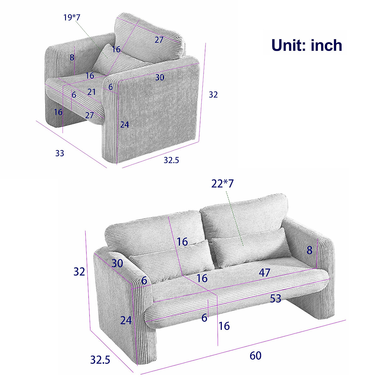 2 Piece Modern Corduroy Living Room Sofa Set with Loveseat Sofa and Single Sofa with Support Pillow and Inlaid Armrest for Apartment, Office, Living Room,3 Seater (Beige)