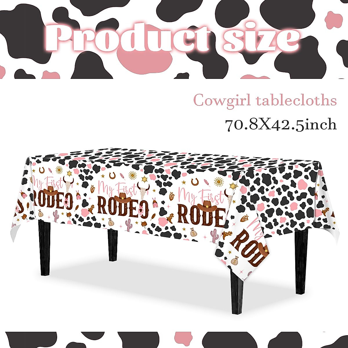 3Pcs My First Rodeo Tablecloths-Cowgirl Baby Shower Decorations Pink Cow Print Western Disposable Rectangular Plastic Table Covers First Rodeo Birthday Party Supplies Girl