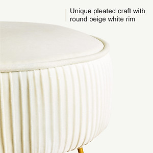 LUE BONA Pleated Vanity Stool, Velvet Upholstered Vanity Stool for Makeup Room, Round Mondern Stool for Vanity, Ottoman Footrest Stool with Metal Legs for Living Room, Bedroom, Beige