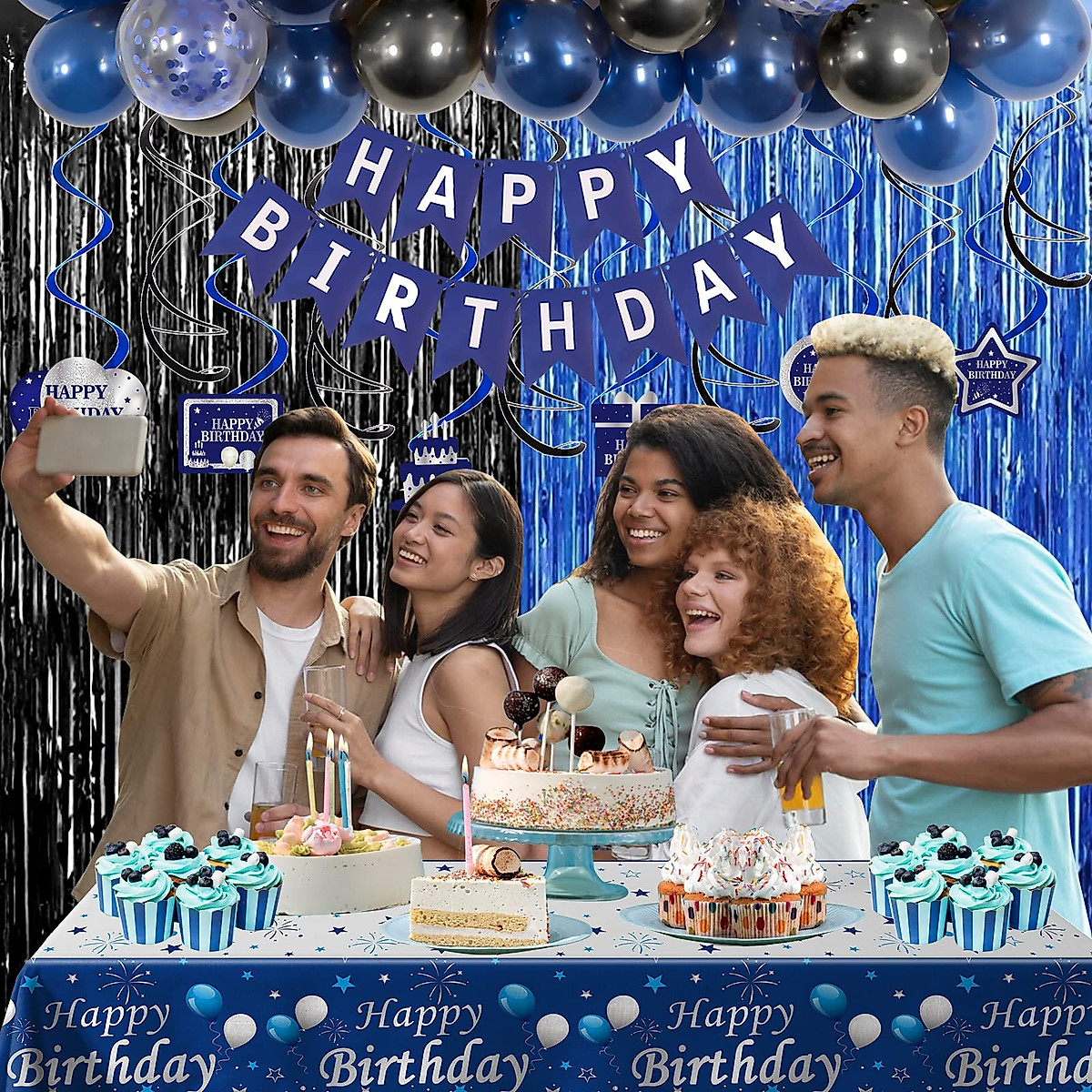 Blue and Black Birthday Decorations for Men Women Boys Girls,Happy Birthday Party Decorations with Happy Birthday Banner, Tablecloth and Fringe Curtains, Party Supplies for Bday Party Decor