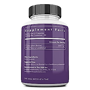 Ancestral Supplements Grass Fed Beef Spleen Supplement, 3000mg Beef Organ Spleen Support Formula Promotes Digestive, Immune, Iron, Energy and Allergy Health, Non GMO, 180 Capsules