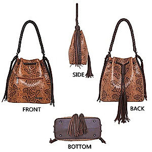 Montana West Wrangler Hobo Handbags for Women PU Leather Woven Shoulder Bags Ladies Fashion Snake Printing Bucket Bag Large Drawstring Tote Purse with Tassel, Brown