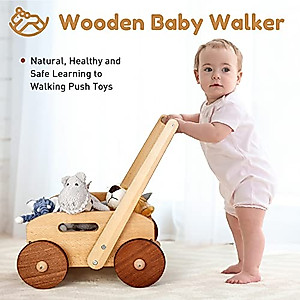 Woodtoe Wooden Baby Walker, Adjustable Speed Push Toys for Babies Learning to Walk, Natural Wood Push and Pull Learning Walking Educational Toys Gift for Toddler Boy Girl 1 2 3(Patent Protection)