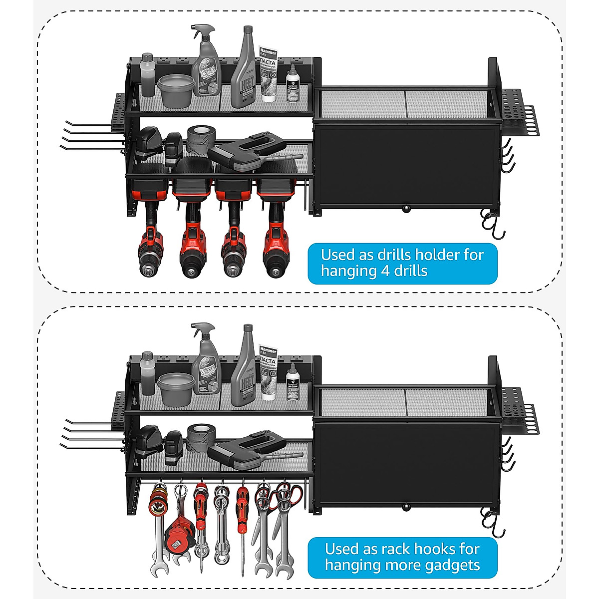 CCCEI Power Tools Organizers with Charging Station. Drills and Battery Holder Wall Mount with Cabinet Storage. Garage Rack Shelf with Power Strip. Gifts for Men, Father.