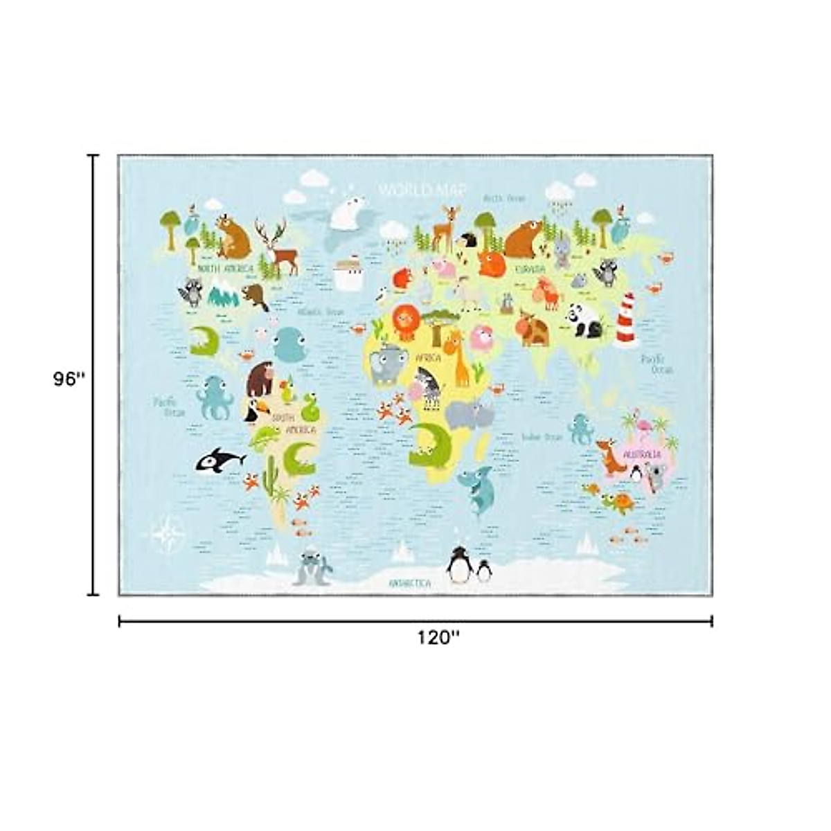 Kids Area Rug World Map Cute Animal Rugs Educational Floor Carpet for Boy Girl Machine Washable Area Rugs for Living Room, Bedroom, Playroom,8' x 10', Blue