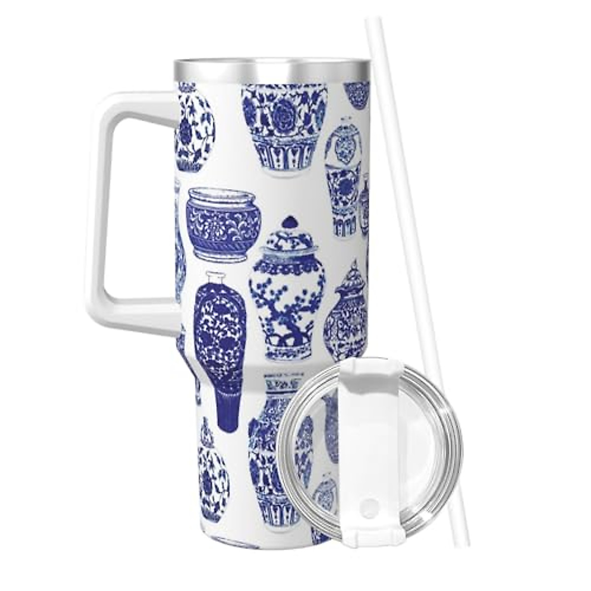 Xiexide 40oz Fits Cup Holder Sports Blue And White Porcelain Chinese Style Chinoiserie Antique Double Walled Vacuum Insulatedith Handle And Straw,Hot & Cold Drinks