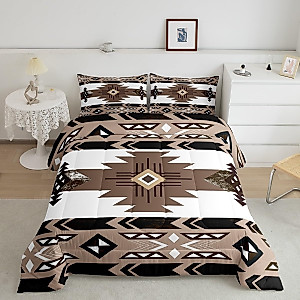 Western Decor,Vintage Exotic Indian Geometry Queen Comforter Set Boho Western Bedding Sets,Ethnic Tribal Arrow Quilt Aztec Duvet Insert,Western Home Decor Farmhouse Decor,White Brown
