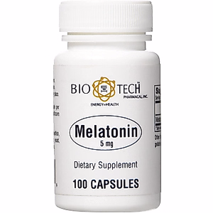 Bio-Tech Pharmacal Melatonin (5 mg), 100 Capsules – All-Natural Supplement – Support Sleep, Cardiovascular, Immune, & Bone Health – No Dairy, Fish, Gluten, Peanut, Shellfish, GMOS, & Soy – No