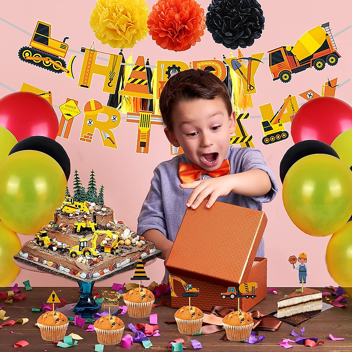 Construction Birthday Party Supplies, 58 Pack Dump Truck Birthday Decorations with Foil Latex Balloons, Paper Tassels, Flower Balls, Cupcake Toppers, Vehicle Banner for Kids Boys Grils Birthday