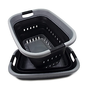 SAMMART 37L (9.77 gallon) Collapsible Plastic Laundry Basket - Foldable Pop Up Storage Container/Organizer - Portable Washing Tub - Space Saving Hamper/Basket (2, Grey/Black)