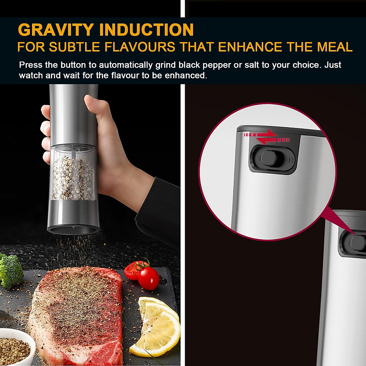 Electric Salt and Pepper Grinder Set — Gravity Rechargeable Salt Pepper Grinder with Charging Base and LED Light, Adjustable Coarseness, Large Capacity, One-handed Operation Salt Pepper Mills
