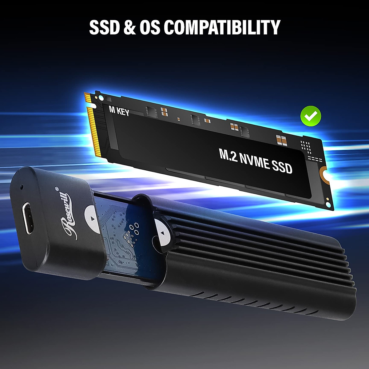 Rosewill USB-C to M.2 NVMe Tool-Free Enclosure Adapter, 10Gbps USB-C 3.1 Gen 2, Thunderbolt 3 Compatible, Supports M.2 NVMe SSDs 2230, includes USB-C and USB 3.0 Cables - RHUB-20001