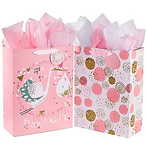 SUNCOLOR 16.5" Extra Large Gift Bags for Baby Shower with Tissue Paper(2 Pack, Baby Girl)