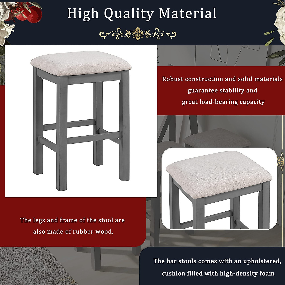 Bellemave Sofa Table with Stools and Outlet Kitchen Bar Height Table and Chairs Console Table with 3 Upholstered Stools 4 Piece High Top Long Dining Table Set, Gray