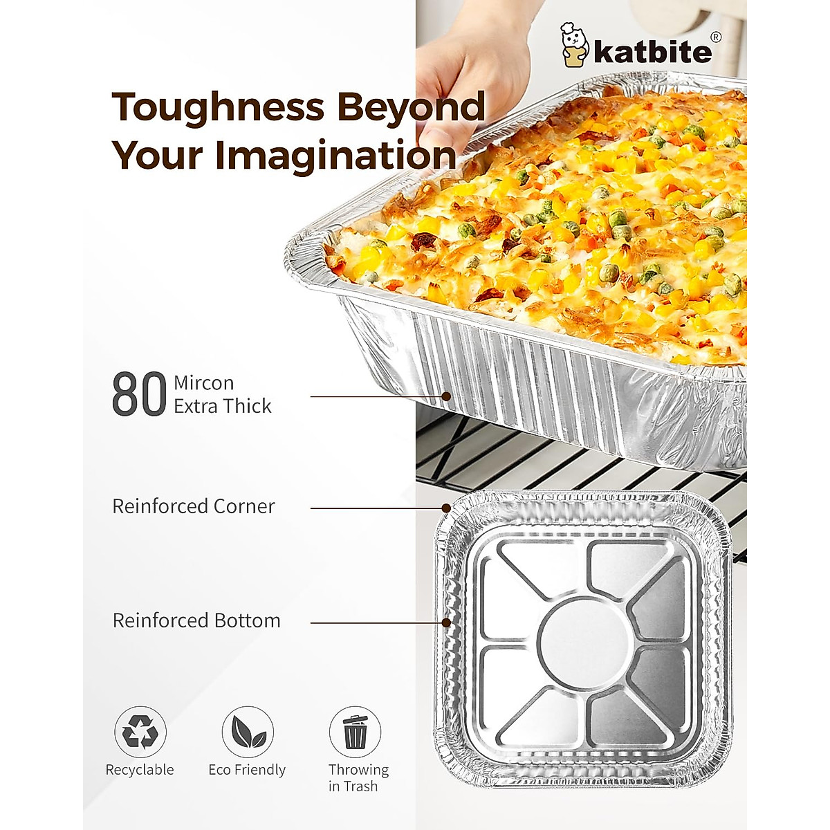 katbite Heavy Duty 8x8 Aluminum Pans with Clear Lids - 20-Pack, Premium Disposable Rectangular Baking Pans, Ideal for Air fryer, Cooking, Heating, Cake Storing & Food Preparation, Prepping Food