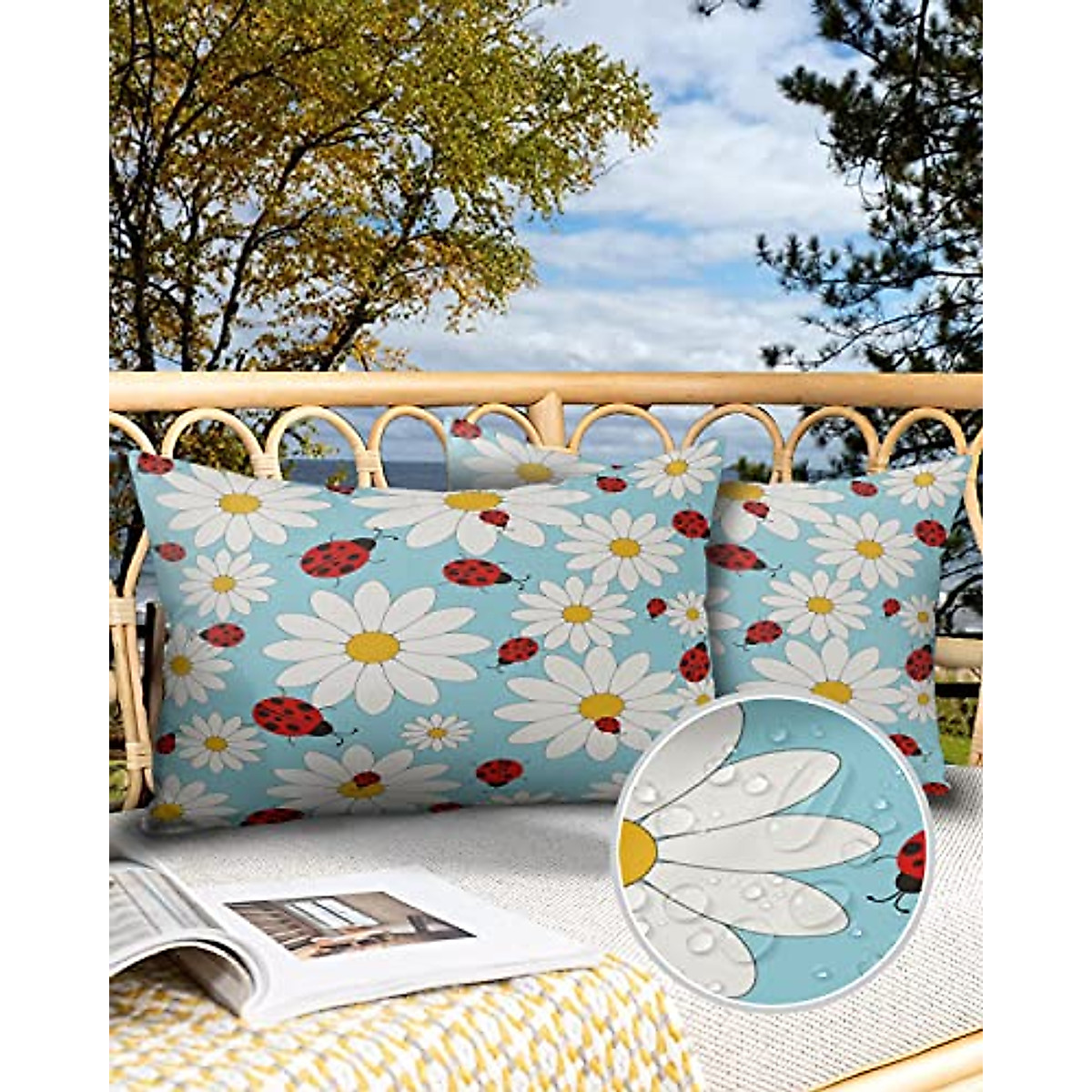 Outdoor Pillow Covers Set of 2, Daisy Ladybug Waterproof Throw Pillow Covers Fresh Flower Garden Patio Furniture Cushion Cover for Sofa Outdoor Decor, 20x12inch