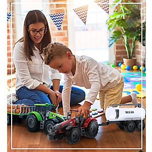 Mozlly Friction Powered Farm Tractor Trailer Toy Set - 16-inch Tractor Trailer Toys for Boys and Girls, Red Water Tank, Blue Farm Tractor, and Green Log Truck Toy, Farming Tractors Playset (3 Sets)