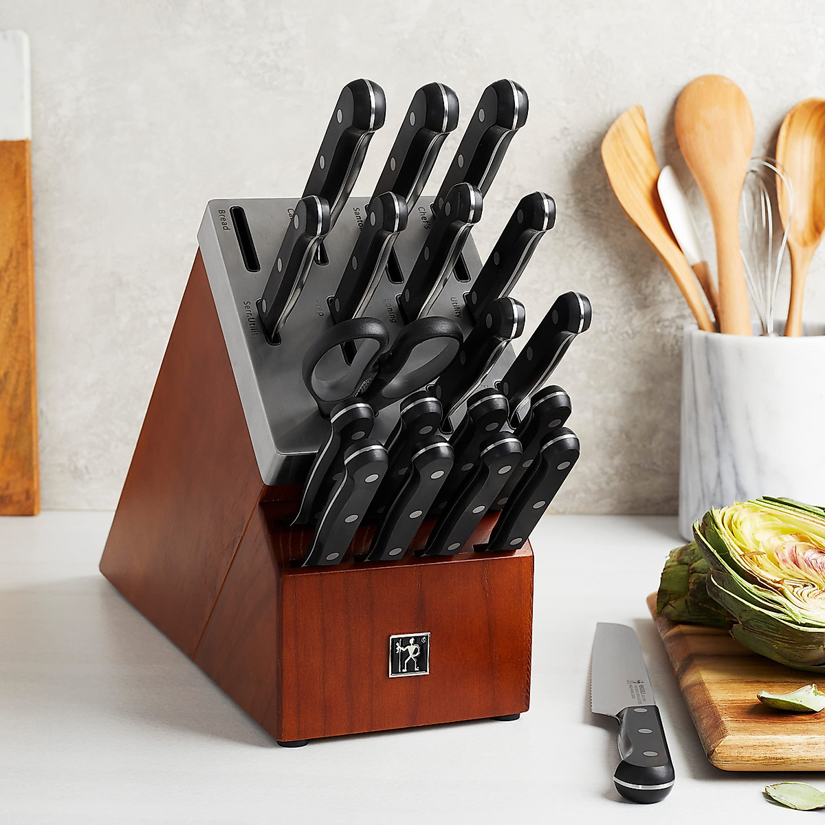 HENCKELS Solution Razor-Sharp 20-pc Self Sharpening Knife Block Set, Chef Knife, Bread Knife, Steak Knife, German Engineered Informed by 100+ Years of Mastery, Stainless Steel