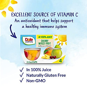 Dole Fruit Bowls Cherry Mixed Fruit in 100% Juice Snacks, 4oz 24 Total Cups, Gluten & Dairy Free, Bulk Lunch Snacks for Kids & Adults