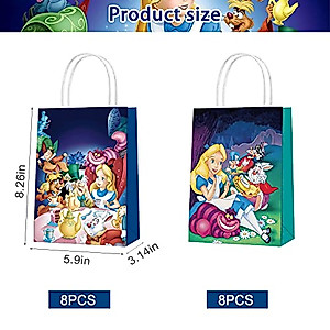 16 Pcs Alice in Wonderland Party Paper Gift Bags, 2 Styles Party Favor Bags with Handles for Alice in Wonderland Party Decorations, Goody Bags Candy Gift Bags for Girls Boys Birthday Party Supplies Favors