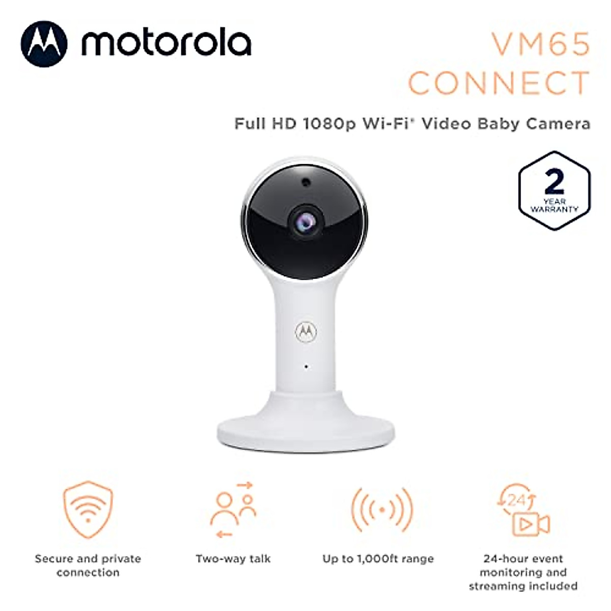 Motorola Baby Monitor Camera VM65 - WiFi Video Camera with HD 1080p - Connects to Smart Phone App, 1000ft Long Range, Two-Way Audio, Digital Pan-Tilt-Zoom, Room Temp, Lullabies, Night Vision