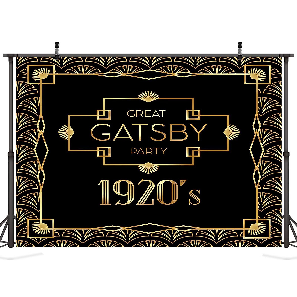 CORFOTO Fabric 9x6ft Gatsby Backdrop Photography Background for Birthday Party Decoration Black Gold Pattern Retro 1920s Roaring Holiday Celebration Prom Banner Dining Room Wall Hanging Props