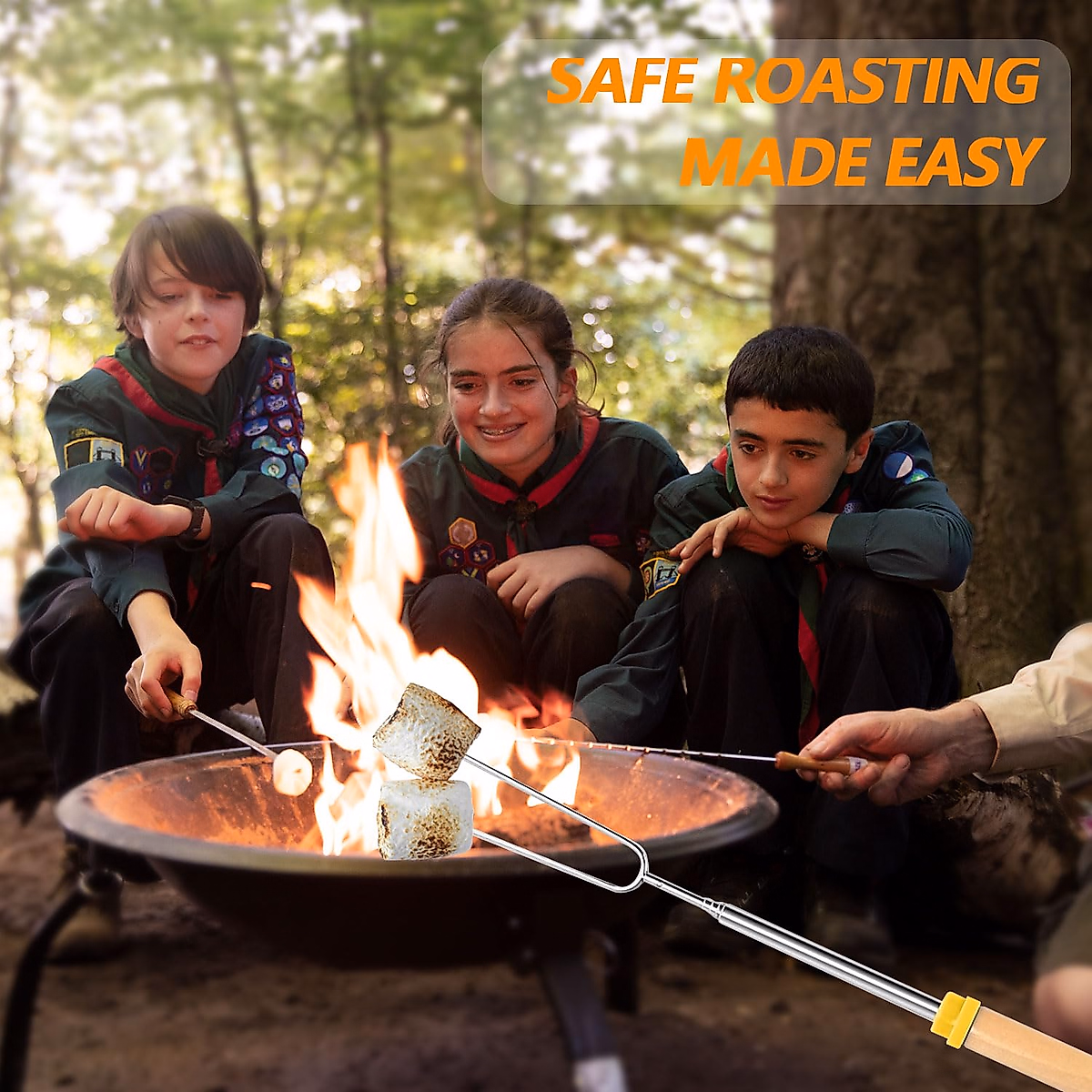 4Pcs Smores Sticks for Tabletop Fire Pit Long 32 Inch, S'mores Skewers Kit Marshmallow Roasting Sticks Hot Dog Fork, Camping Essentials Smores Maker Gear Outdoor Campfire Cooking Accessories