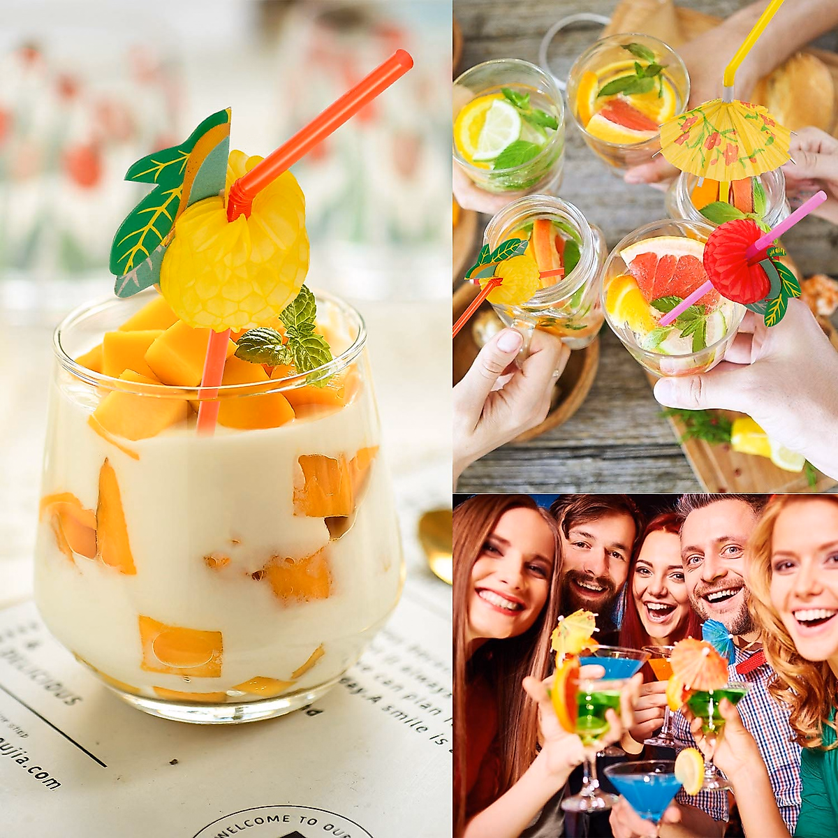 100 Pcs Disposable Straws Fruit Straws Umbrella Straws Party Table Decor Tropical Drinks for Cocktail Soft Drinks Hawaiian Luau Party Supply (50 Fruit + 50 Umbrella Straws)