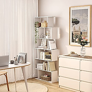 HOMEFORT Wooden Geometric Bookshelf,6-Tier S-Shaped Bookcase,6 Shelf Morden Bookshelves,Unique Freestanding Tall Book Shelf and Book Case for Bedroom and Living Room Home Office,White