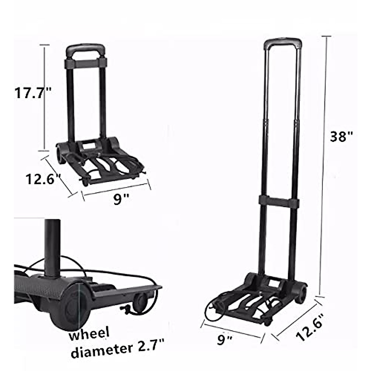 Minisize Folding Luggage Cart with 2 Wheels Lightweight Plastic Luggage Trolley Office Hand Truck for Shopping Travel Camping and School Use Trolley,L12.6 x W9 inch.Maximum Load 66Lbs