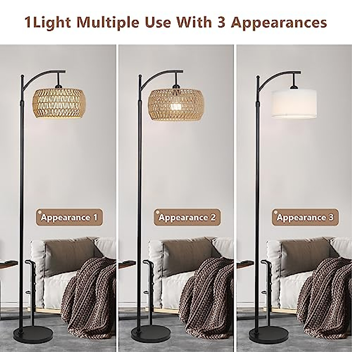 Arc Floor Lamp with Remote Control, Dimmable LED Floor Lamp with 3 Color Temperature, Black Standing Lamp with Rattan & Fabric Double Drum Shade, Boho Farmhouse Tall Pole Lamp for Living Room Bedroom