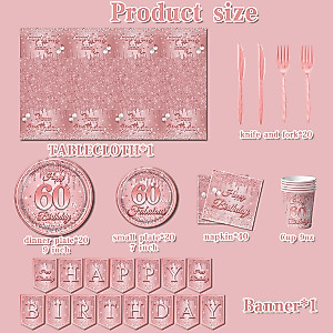60th Birthday Rose Gold Supplies,142pcs Glitter Pink Rose Gold Tableware Include 60th Birthday Plates and Napkins Cups,Rose Gold Tablecloth Happy Birthday Banner for Women Happy 40th Birthday