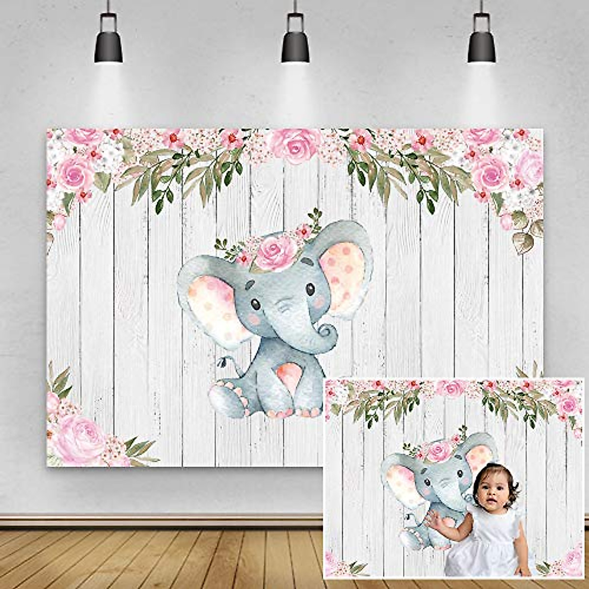 Floral Elephant Backdrop for Baby Shower,Yeele 7x5ft Party Pink Flower Wood It's a Girl Banner Birthday Photography Background Cake Table Decoration Photo Booth Studio Props Favors Supplies